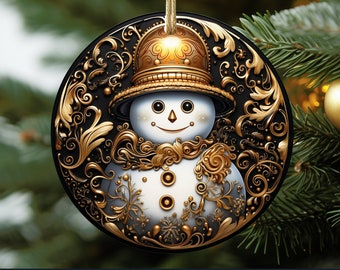 3D Gold Snowman Christmas Ornament Sublimation Designs Christmas Round ...