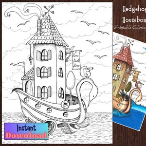 Hedgehog Houseboat Digital Printable Coloring Page - Etsy