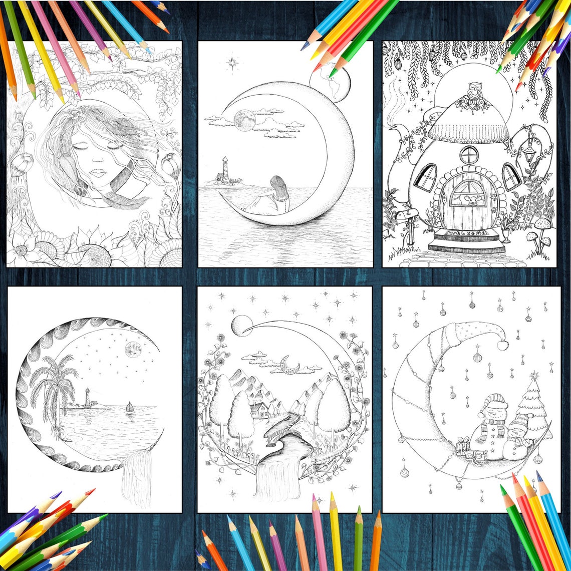 Moonlight Dreams Printable Adult Coloring Book 30 Hand-drawn ...