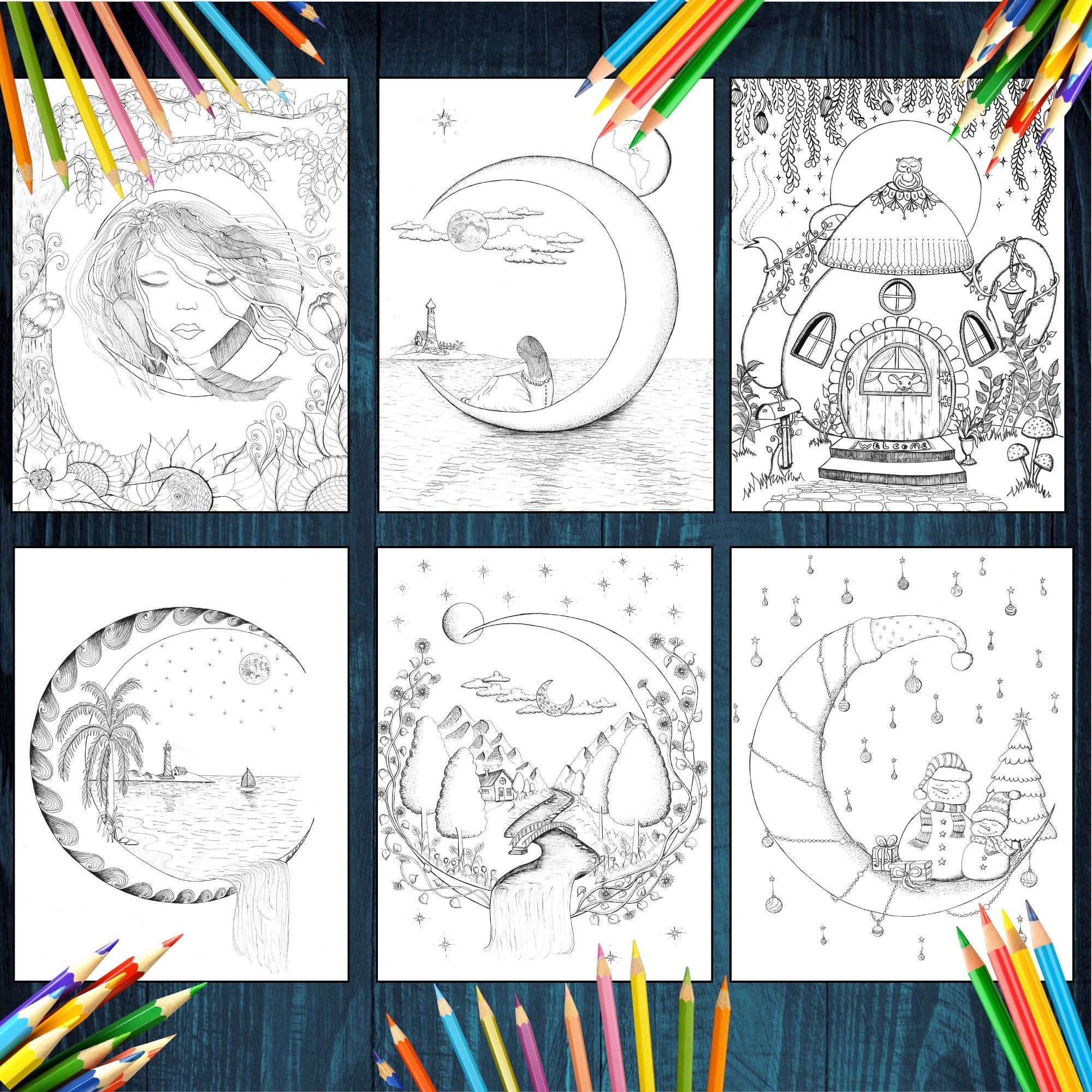 Moonlight Dreams Printable Adult Coloring Book 30 Hand-drawn ...