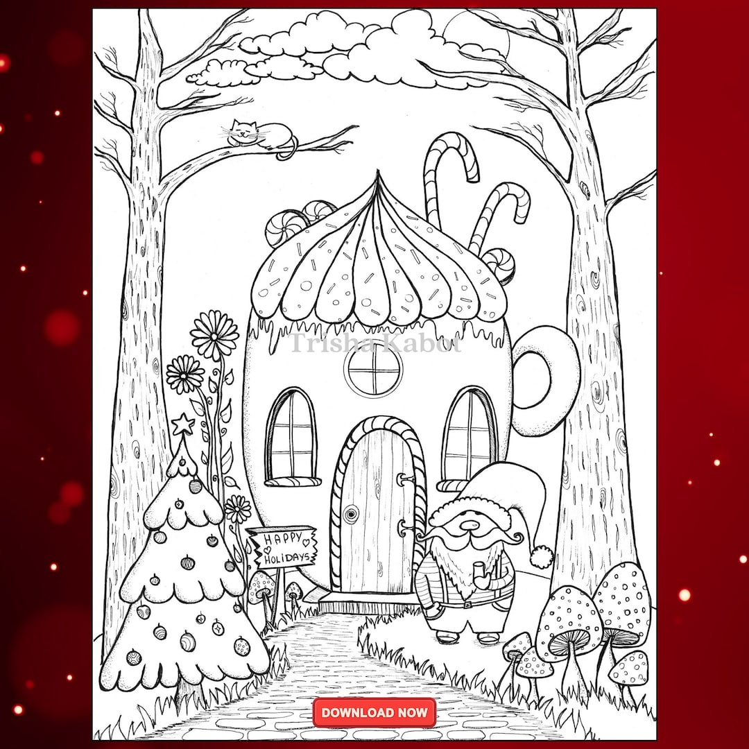 Christmas Gnome Cocoa House Printable Coloring Sheet PDF / PNG Digital ...