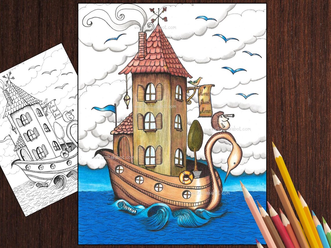 Hedgehog Houseboat Digital Printable Coloring Page - Etsy