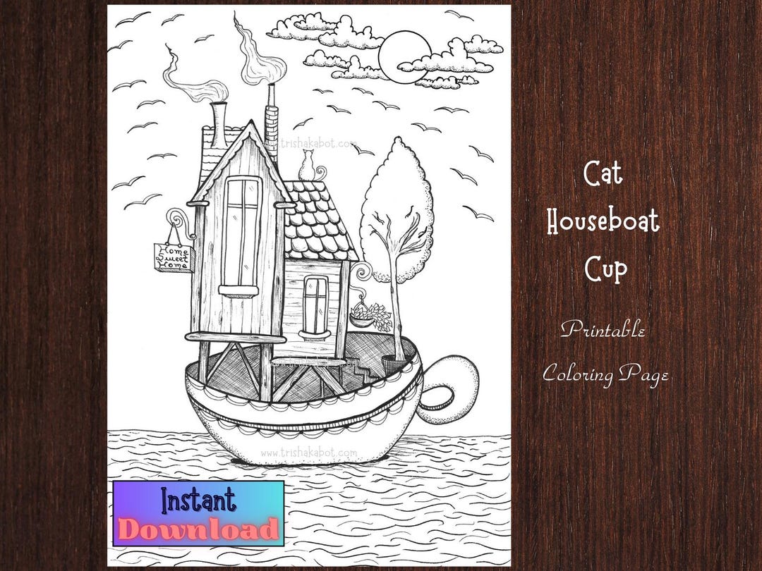 Cat Houseboat Cup Fantasy Digital Coloring Page Printable - Etsy