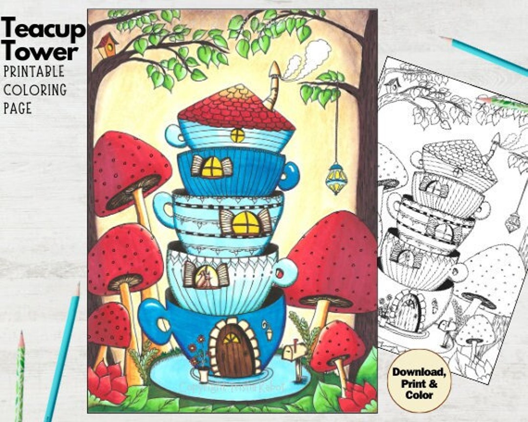 Teacup Tower Digital Printable Coloring Page for Adults - Etsy