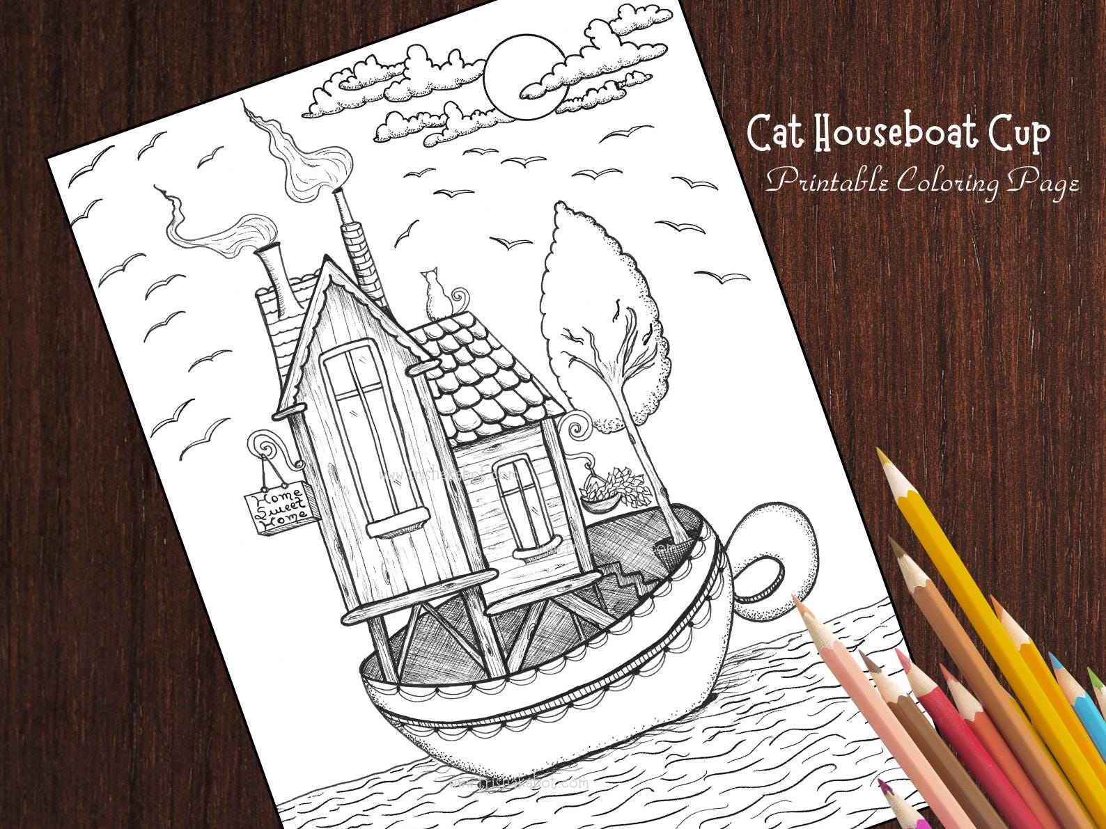 Cat Houseboat Cup Fantasy Digital Coloring Page Printable - Etsy