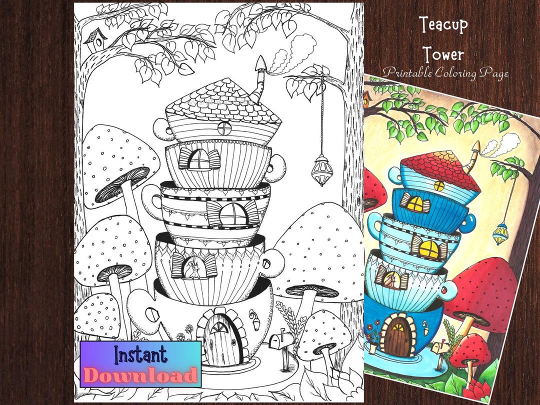Teacup Tower Digital Printable Coloring Page for Adults - Etsy