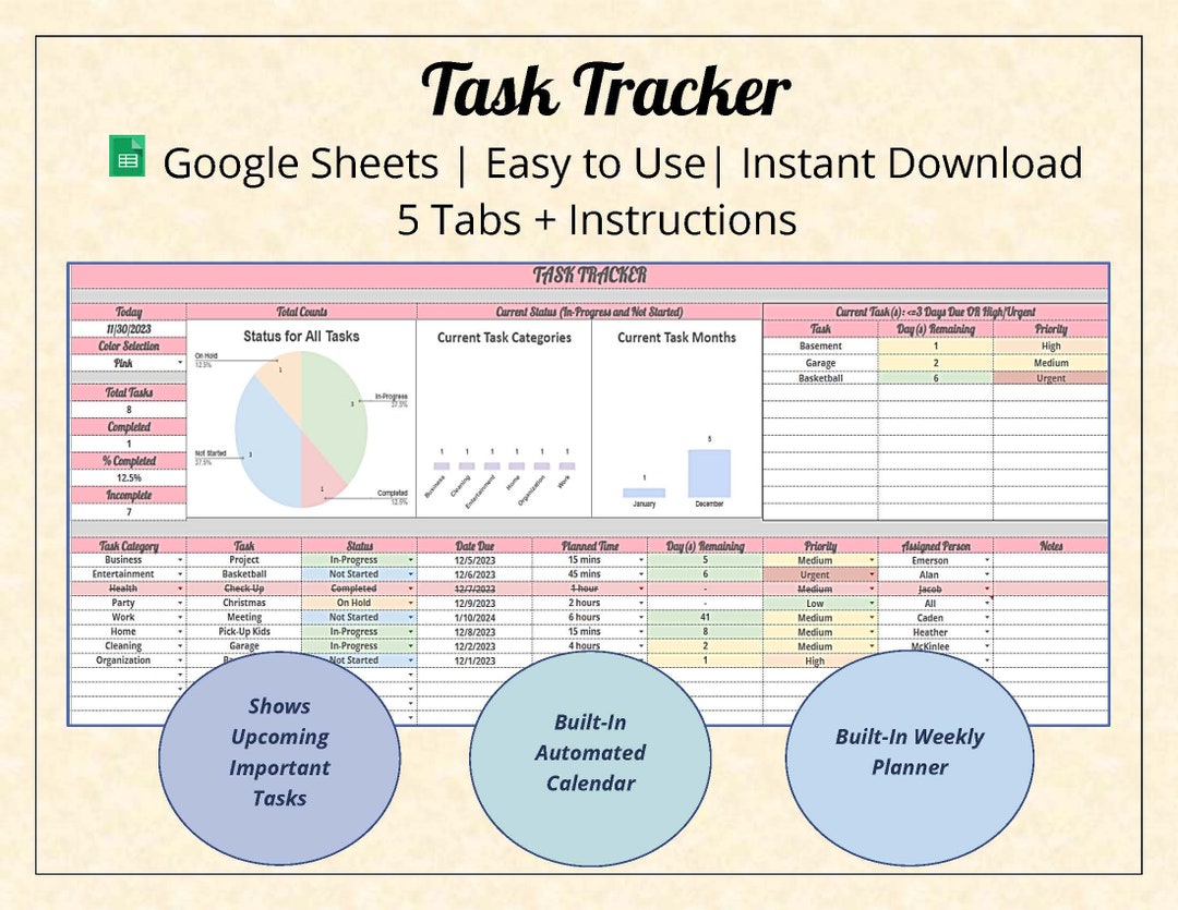 Task Tracker Spreadsheet to Do List Task Tracker Google Sheets Task Planner Planning Template ...