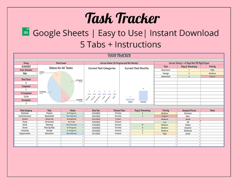 Task Tracker Task Tracking Spreadsheet Task Planner to Do List Google ...