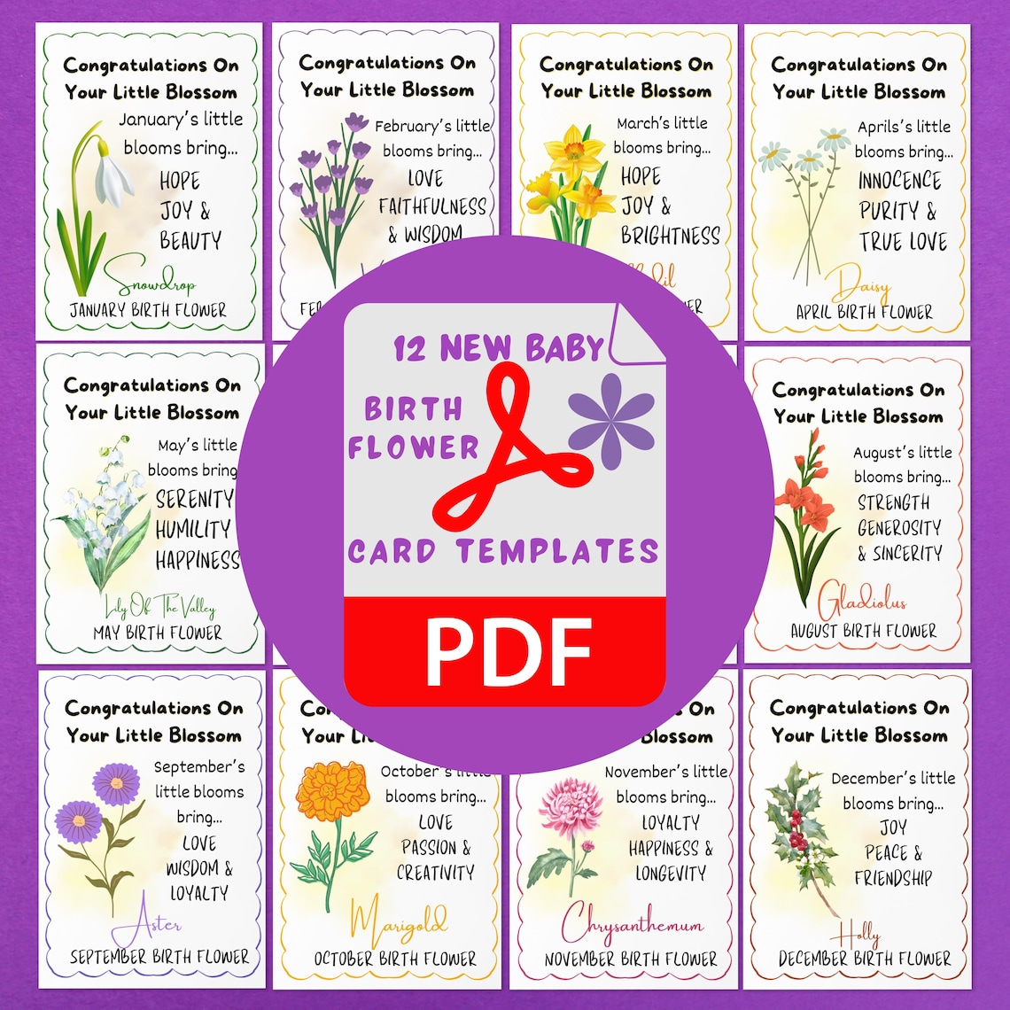 New Baby Birth Flower Card Digital Download Card for New Born Instant ...