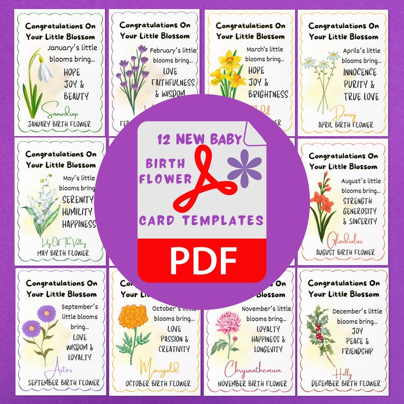 Birth Flower New Baby Card: Printable PDF, 5x7 Templates (digital ...