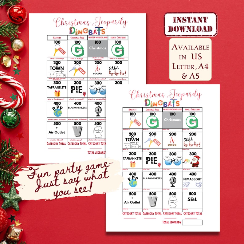 Printable Christmas Jeopardy & Dingbats Game: Family Holiday Quiz (PDF ...