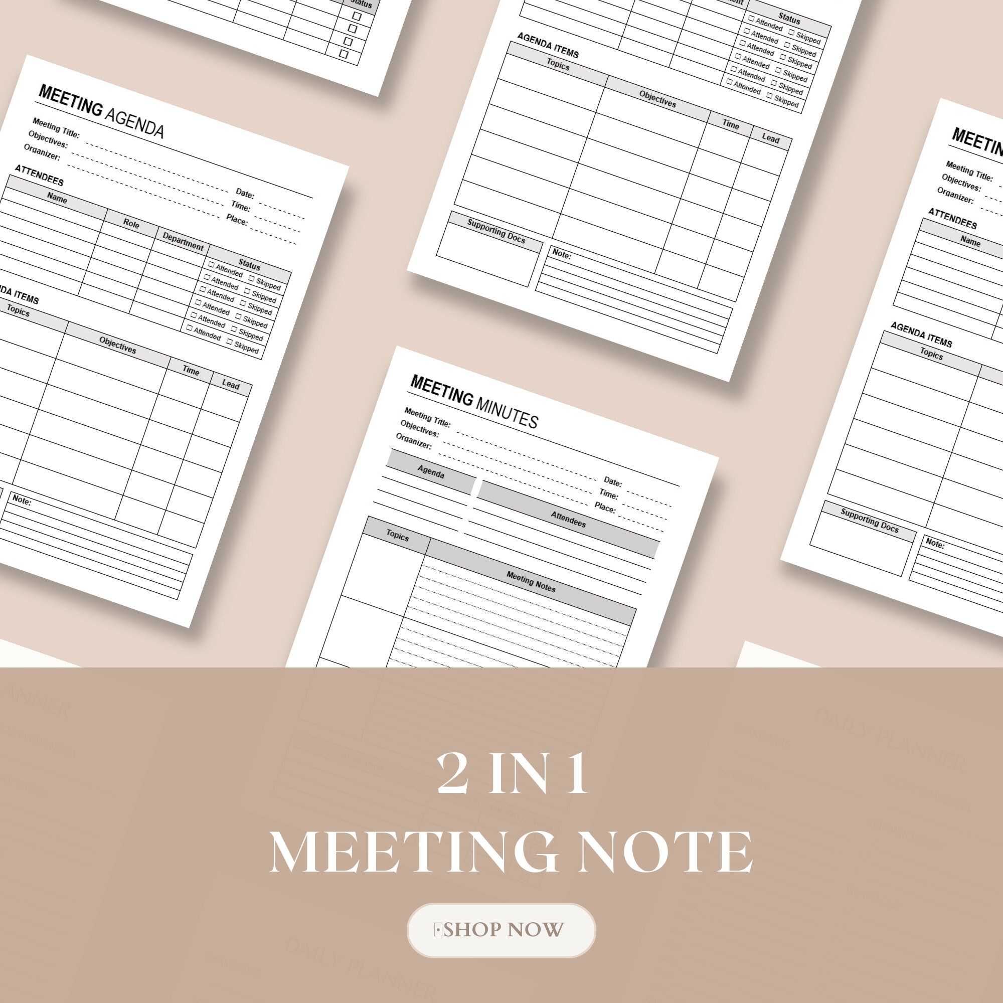 2 in 1, Meeting Minutes Template & Meeting Agenda | Simple Meeting ...