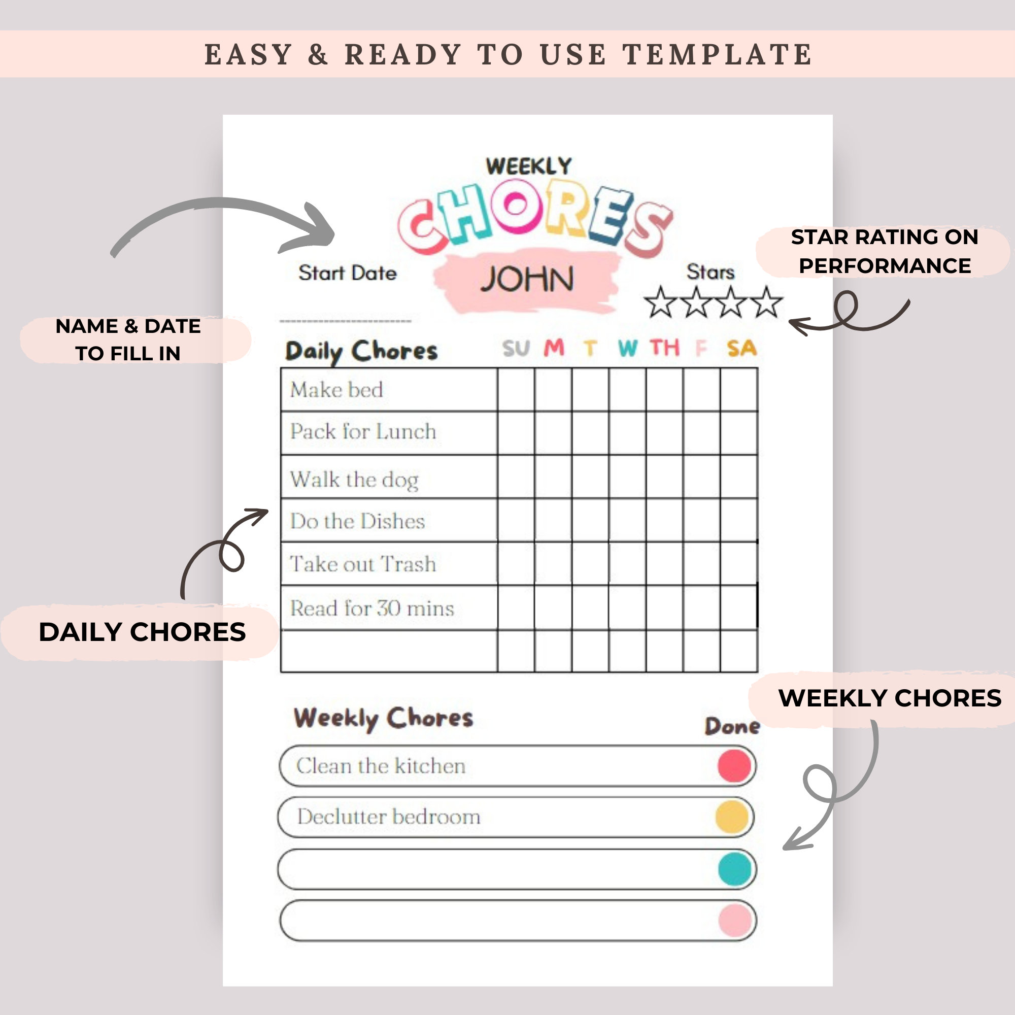 Kids Chore Responsibility Chart PDF, Chore Chart Daily & Weekly, Kids ...