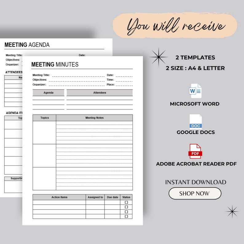 2 in 1, Meeting Minutes Template & Meeting Agenda | Simple Meeting ...