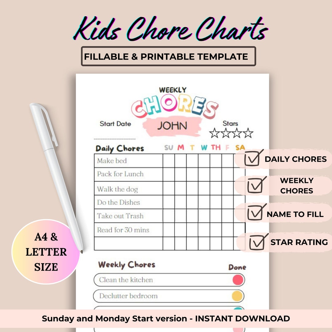 Kids Chore Responsibility Chart PDF, Chore Chart Daily & Weekly, Kids ...