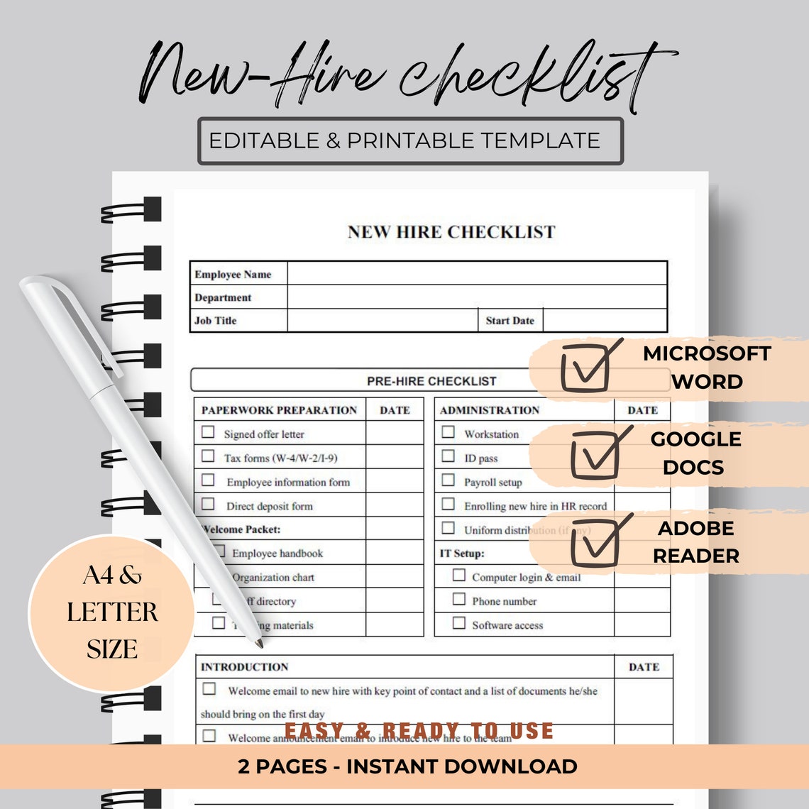 New Hire/employee Checklist Template, Employee Onboarding Template, HR ...