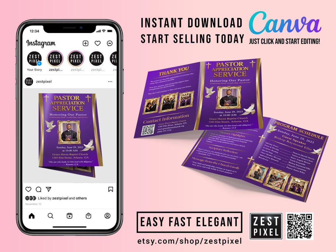 Pastor Appreciation Program Template, Editable Canva Church Brochure ...