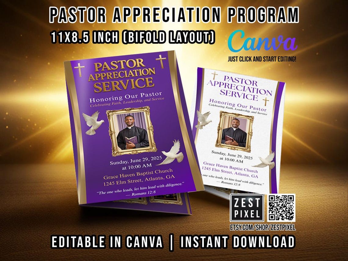 Pastor Appreciation Program Template | Editable 11x8.5” Bifold Layout ...