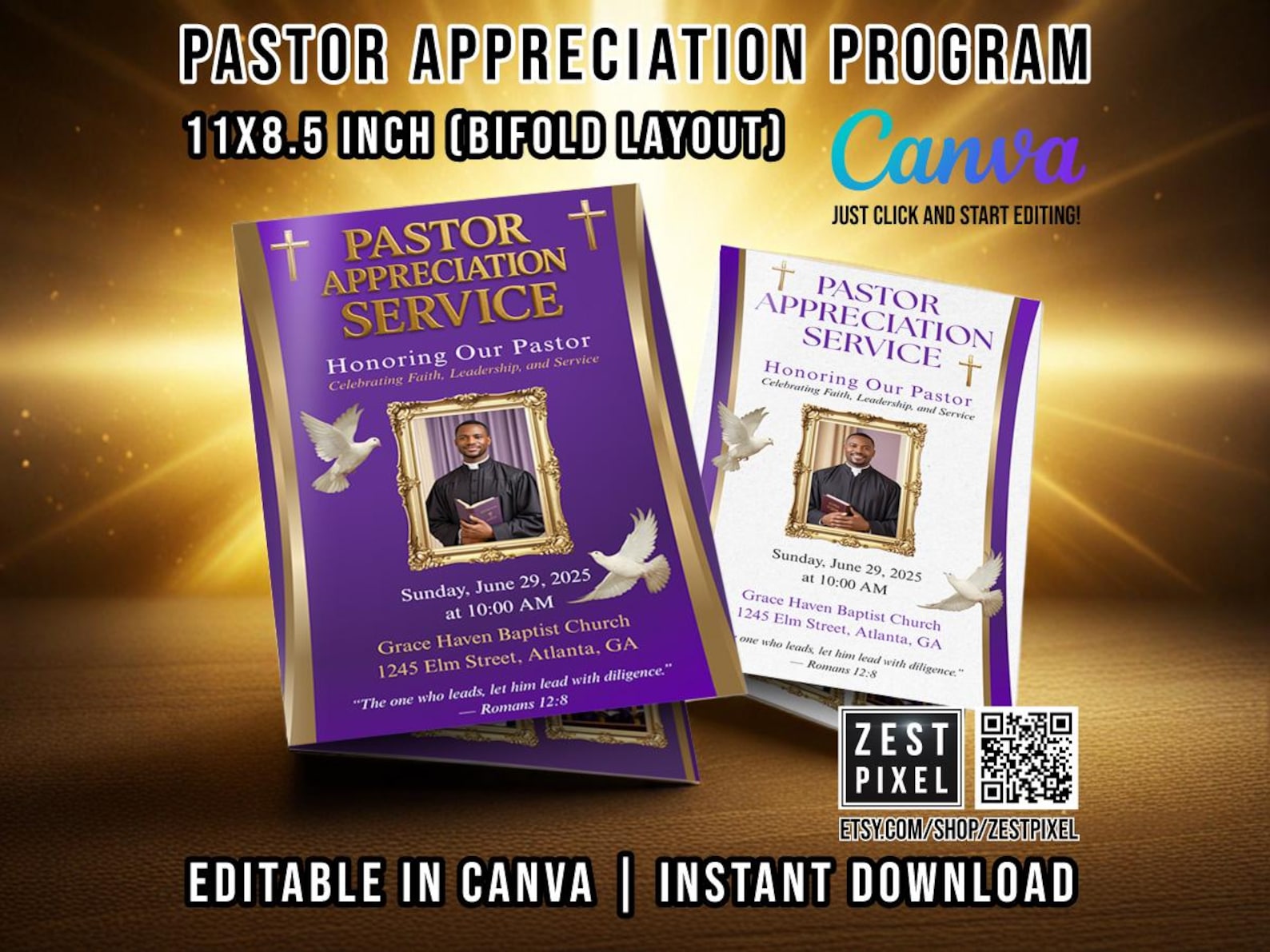 Pastor Appreciation Program Template | Editable 11x8.5” Bifold Layout ...