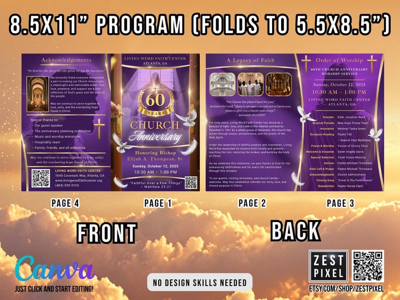 Elegant Church Anniversary Program Template 8.5x11 Bifold | Purple Gold ...