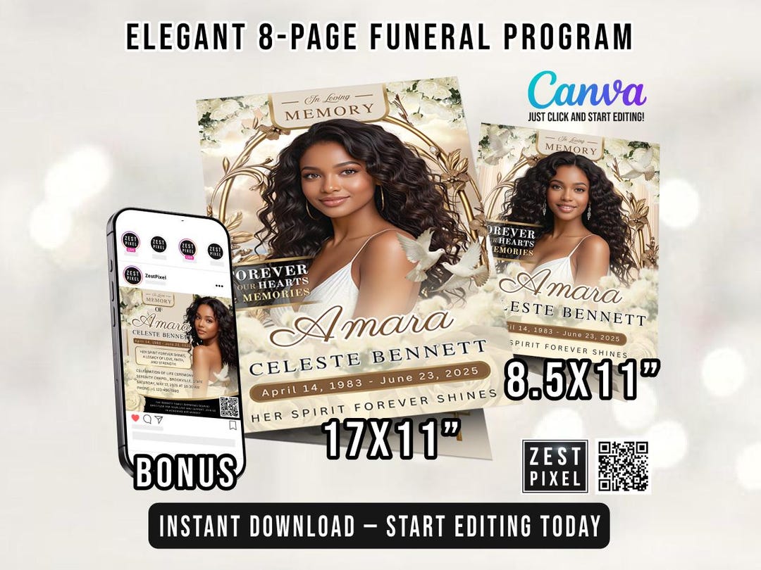 Elegant 8-page Funeral Program Template | Editable Canva Memorial ...