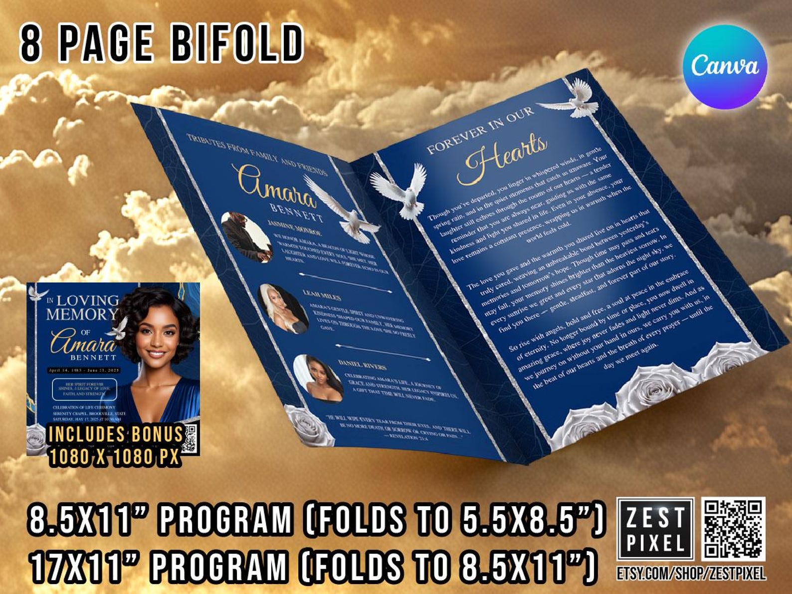 Elegant Blue Funeral Program Template: 8-page Obituary Booklet (PDF ...