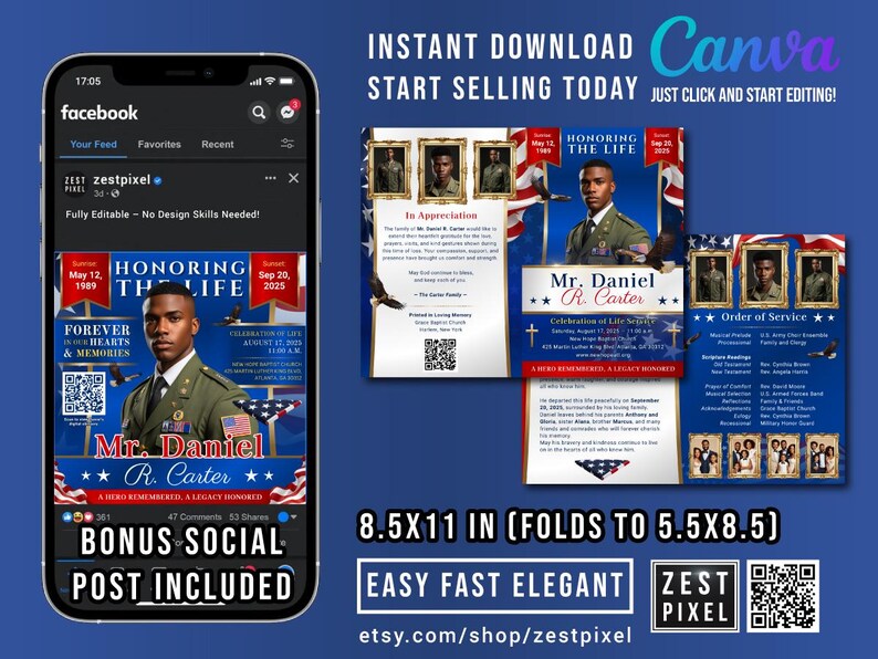 Editable Funeral Program Template Canva – Military Celebration of Life ...