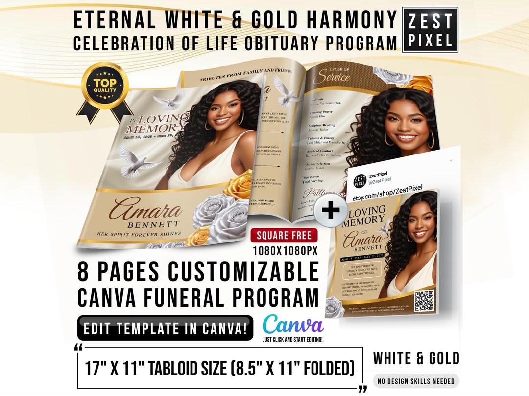 Elegant White & Gold Funeral Program Template: Editable Canva Memorial ...