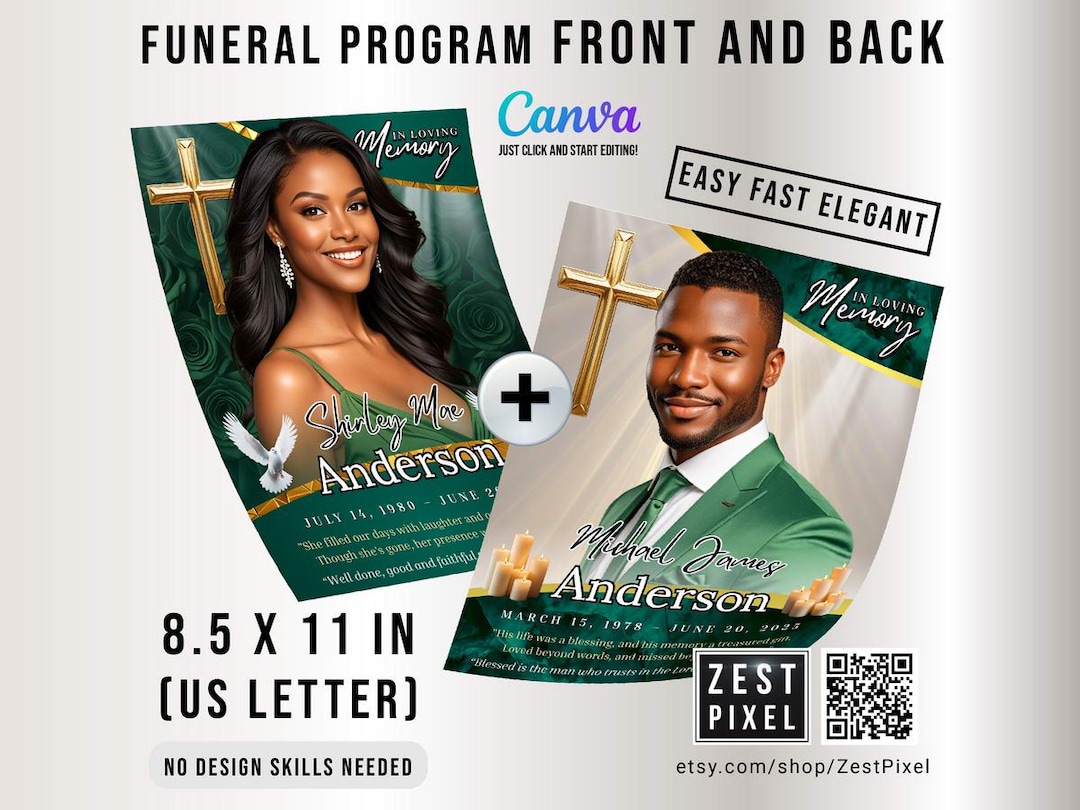 Modern Green Funeral Program Template: Editable Memorial Booklet (8 ...