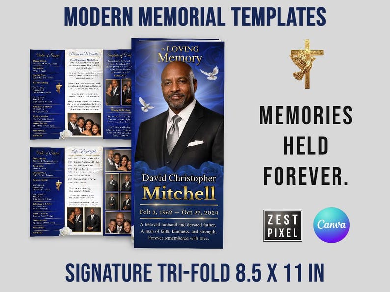 Tri Fold Funeral Program Template 8.5x11 Canva Editable With Bonus ...