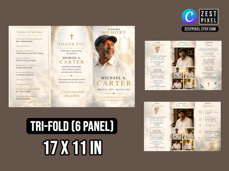 Elegant Funeral Program Trifold Template Canva Editable Celebration of ...
