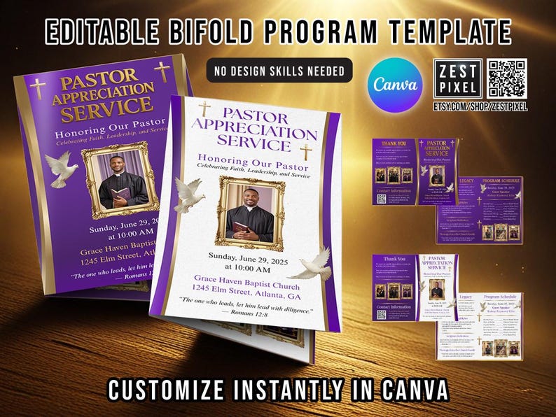 Pastor Appreciation Program Template, Editable Canva Church Brochure ...