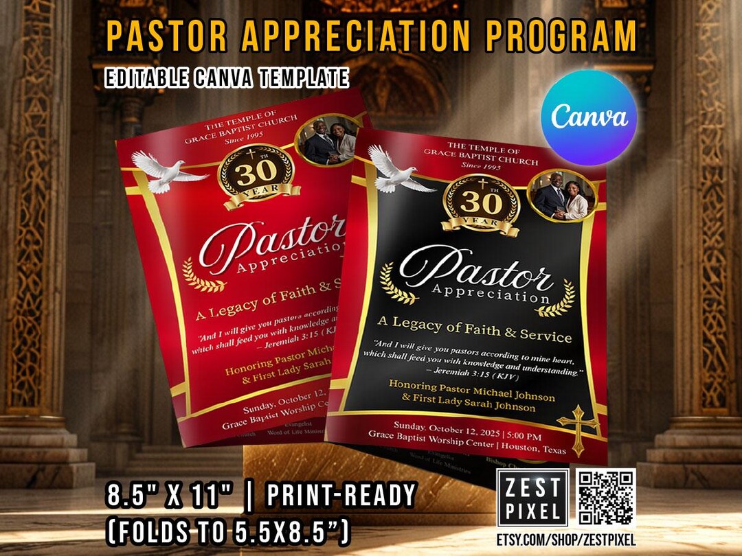 Pastor Appreciation Program Template | Editable 8.5x11 Canva Program | 4 Page Printable Church ...