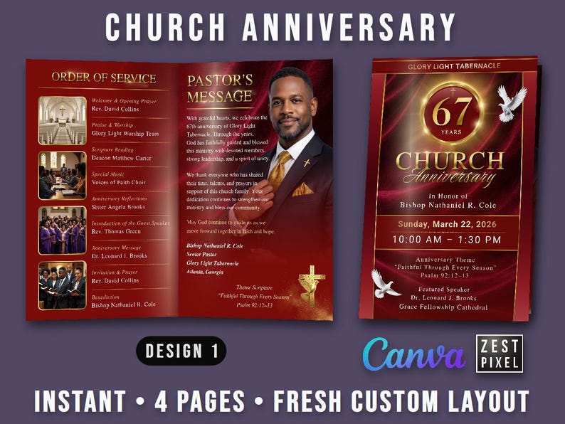 Anniversary Church Program (editable Canva), Worship Bulletin Template ...