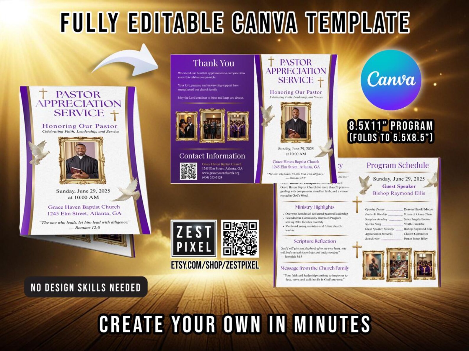Pastor Appreciation Program Template, Editable Canva Church Brochure ...