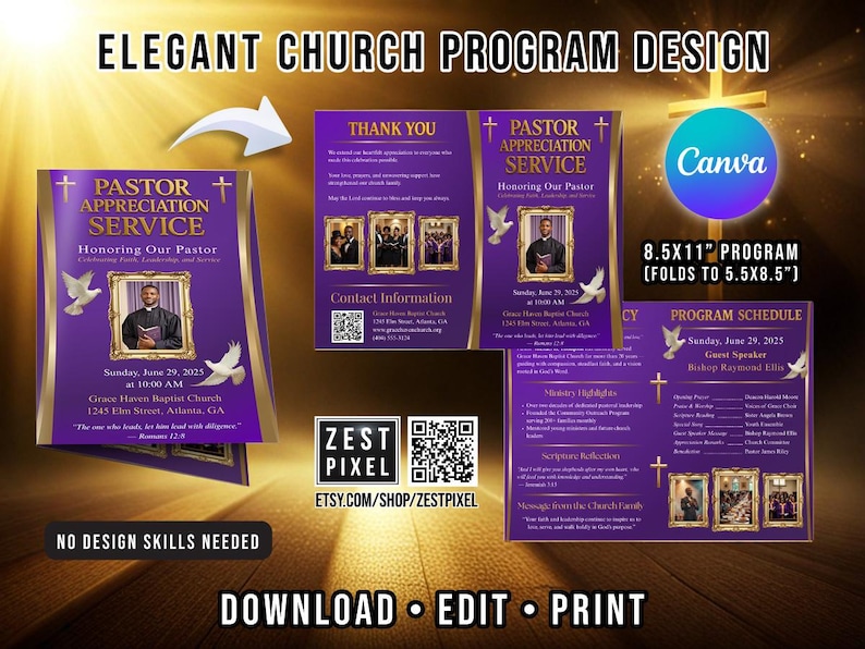 Pastor Appreciation Program Template, Editable Canva Church Brochure ...