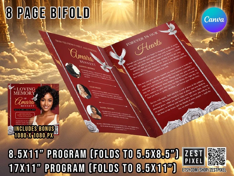 Obituary Program Template Canva | 8 Page Funeral Program | Red ...