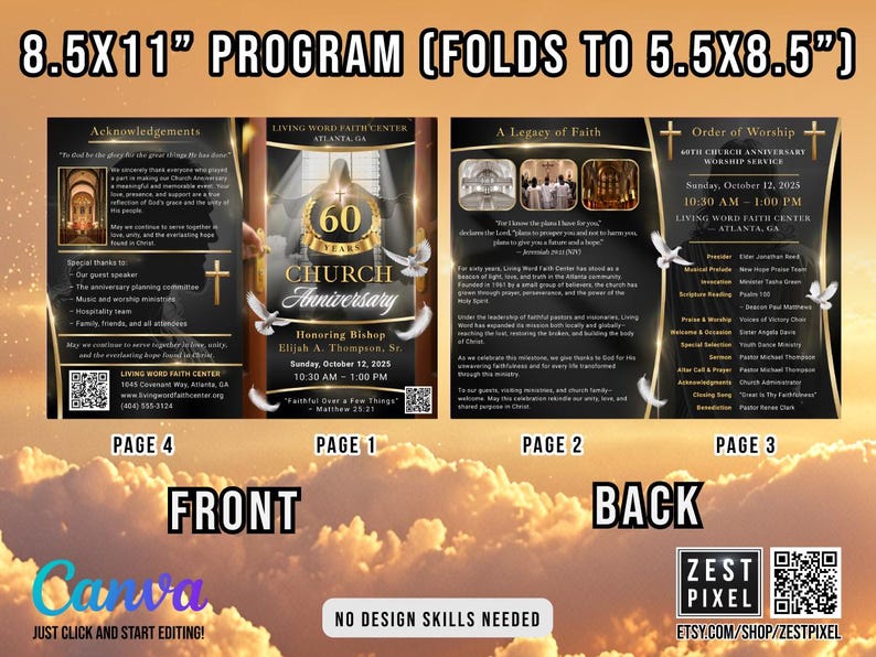 Church Anniversary Program Template Canva | Bifold Program 17x11 & 8 ...