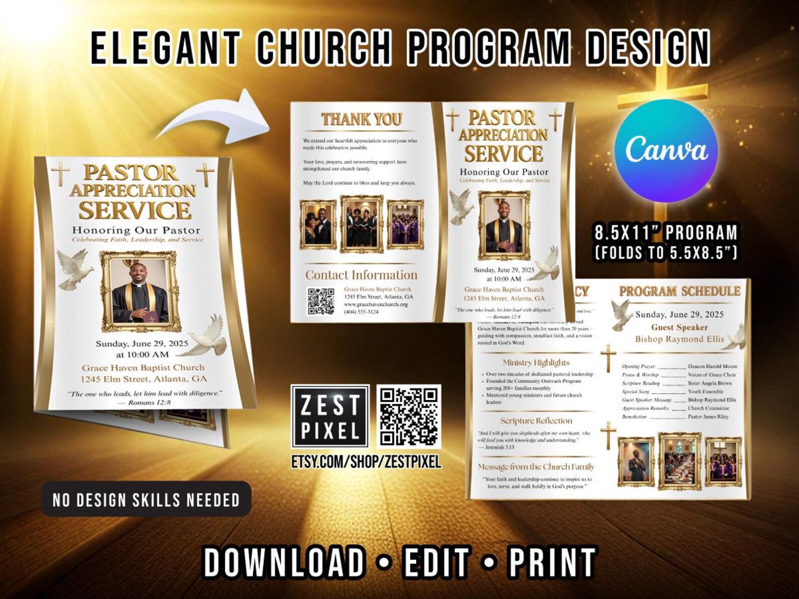 Pastor Appreciation Program Template – Editable Church Bifold 11x8.5 ...
