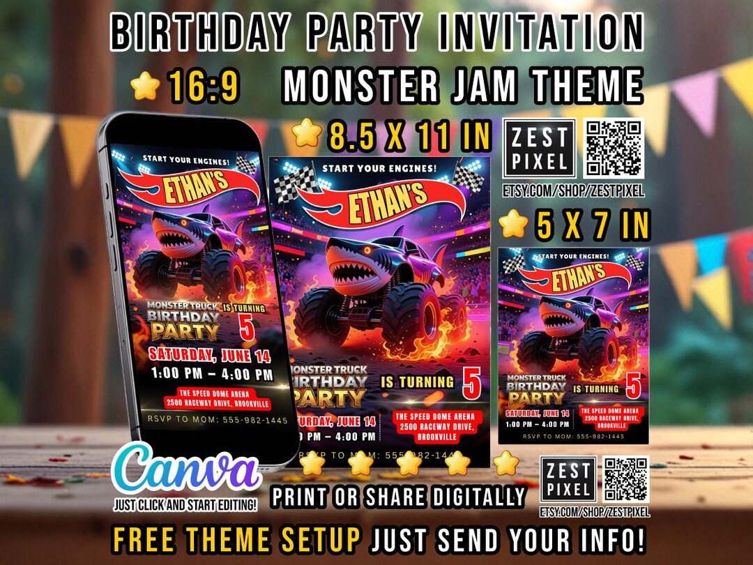 Monster Truck Birthday Party Flyer | Editable Canva Template | 8.5x11 ...