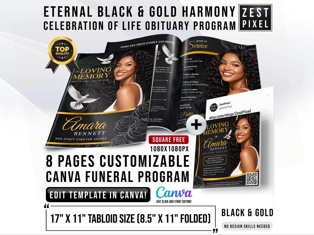 Elegant Black & Gold Funeral Program Template: 8-page Memorial Booklet (canva Editable, Digital ...
