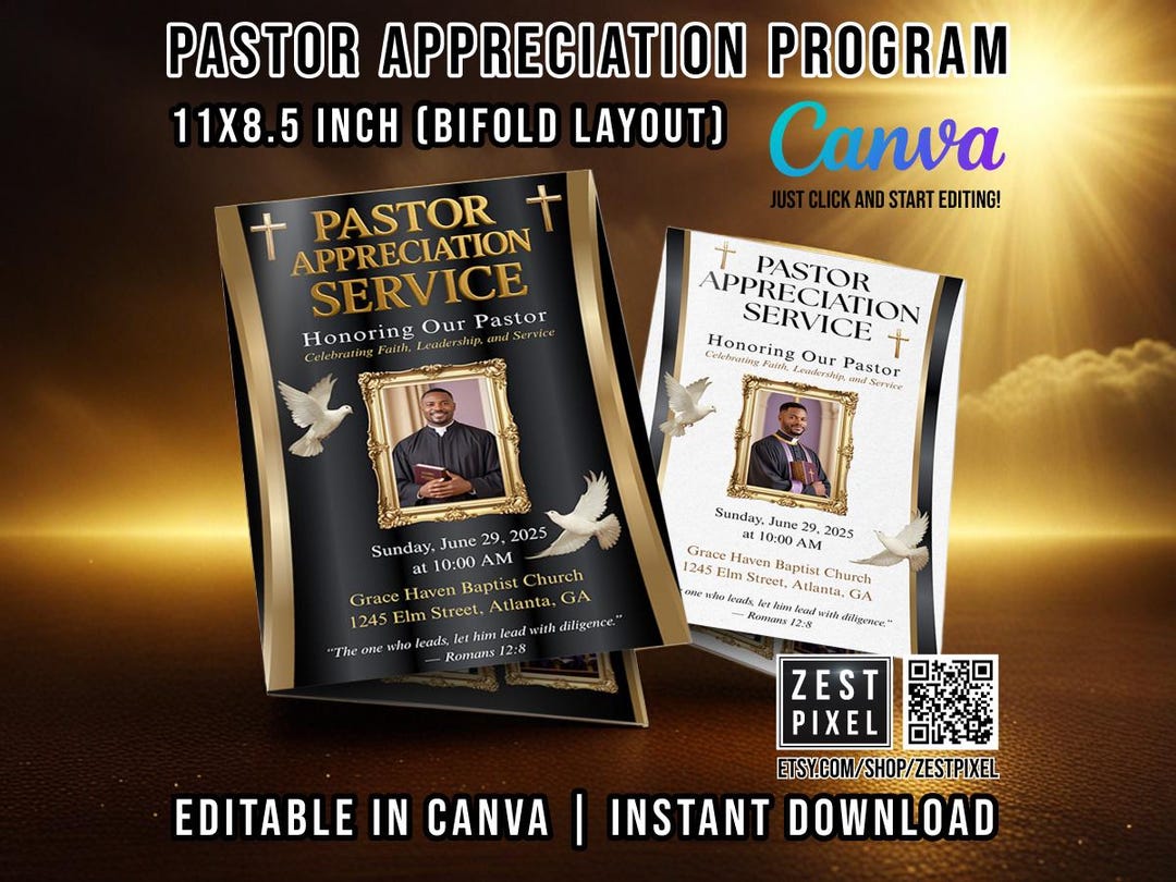 Pastor Appreciation Program Template | 11x8.5” Bifold Church Program ...