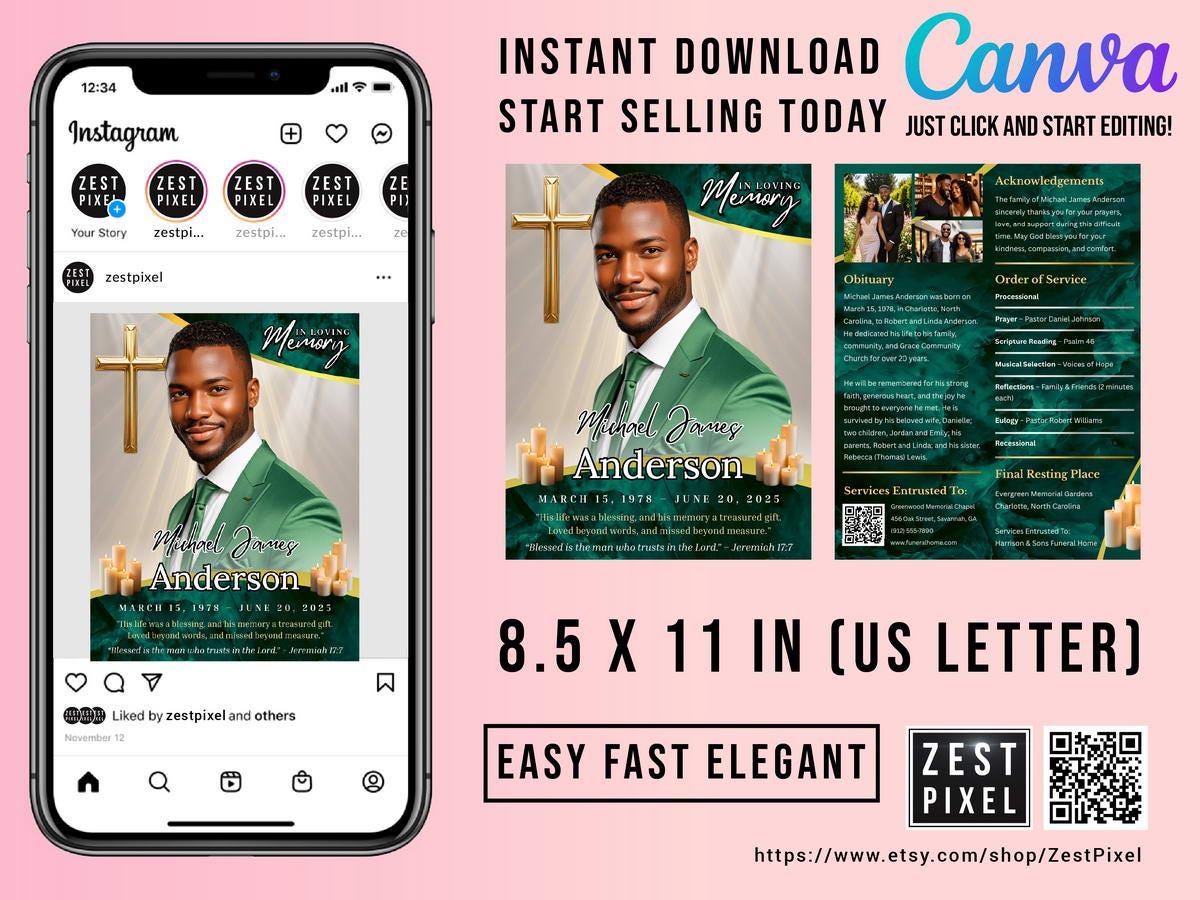 Green Funeral Program Template 8.5x11 Canva Editable Memorial Program ...