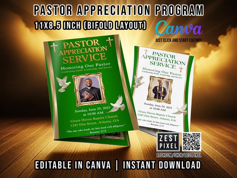 Pastor Appreciation Program Template Canva | Editable Bifold Church ...