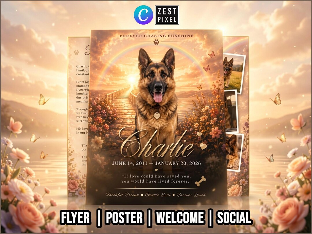 Pet Memorial Program Template Canva Editable Dog Funeral Poster Welcome ...