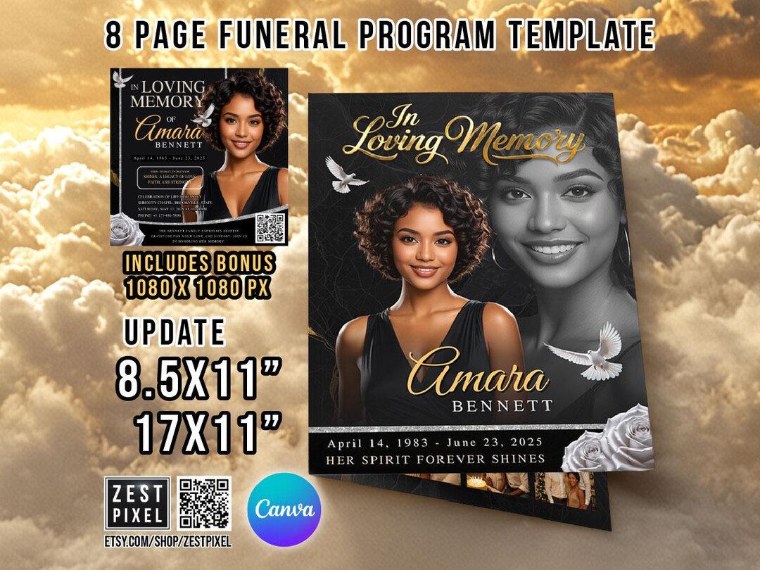 Elegant Black Funeral Program Template: Editable Canva Obituary ...