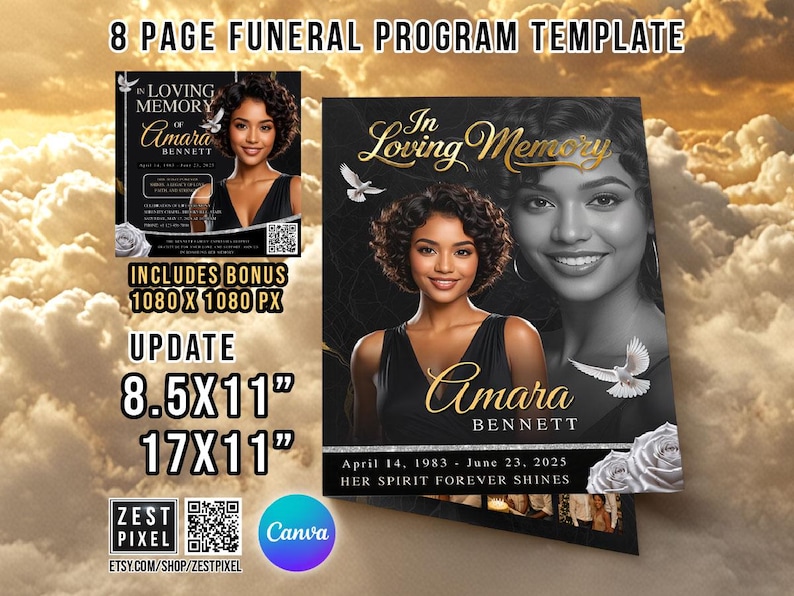 Elegant Black Funeral Program Template: Editable Canva Obituary ...