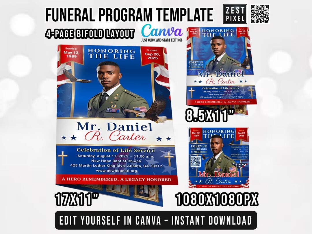Editable Funeral Program Template Canva – Military Celebration of Life ...