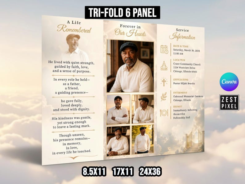 Elegant Funeral Program Trifold Template Canva Editable Celebration of ...