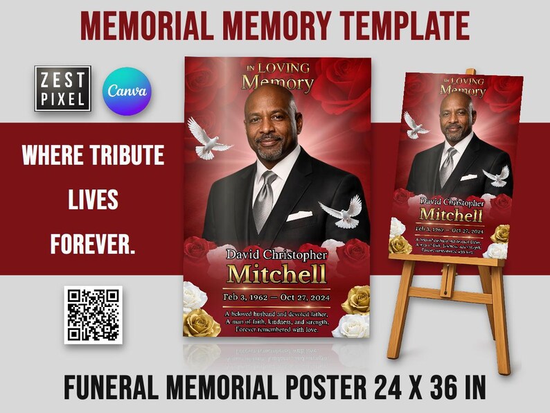 Red Rose Memorial Tribute Program Template Editable Canva Funeral ...